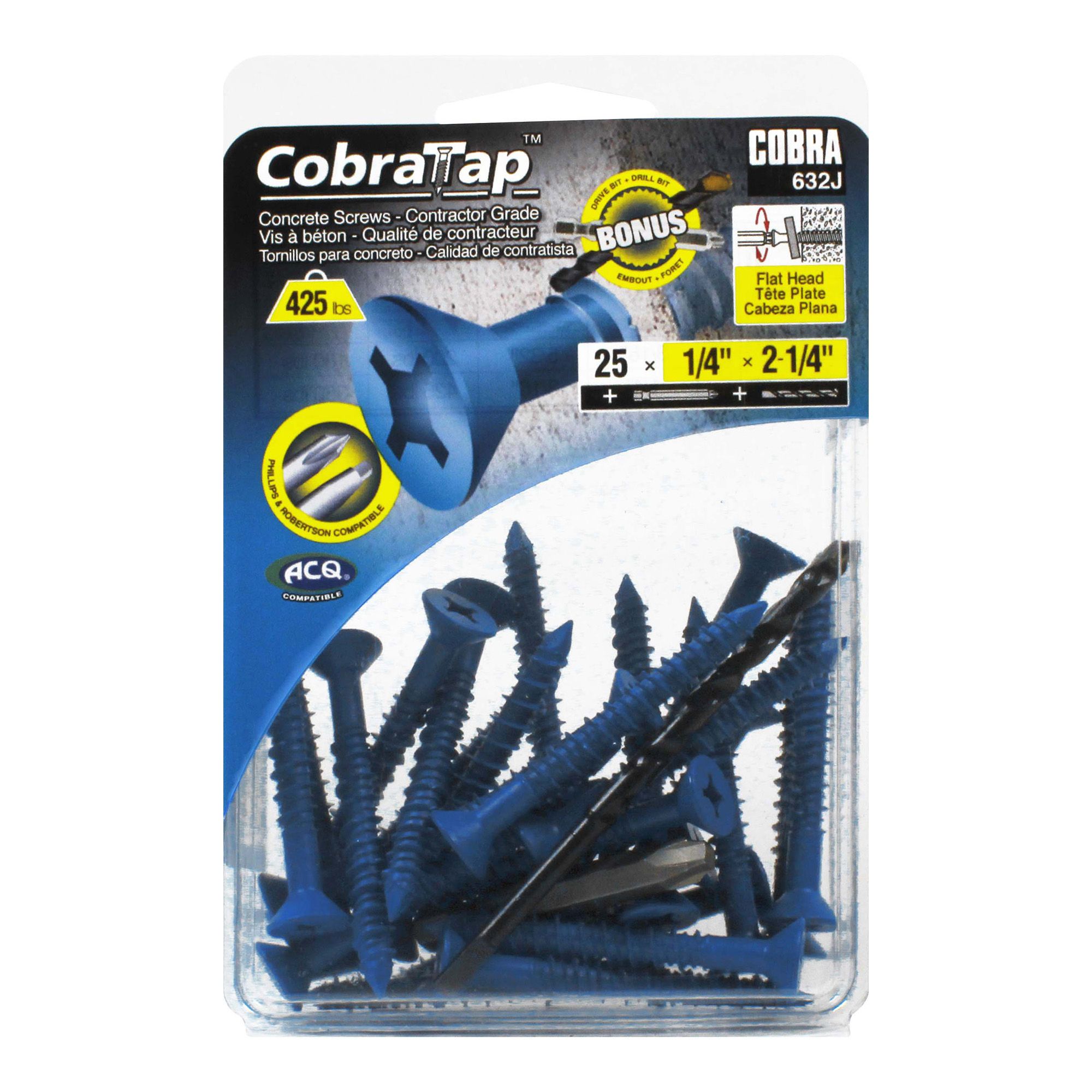 Concrete Screws - Flat Head 1/4" (+ Drill Bit + Drive Bit) (25) - 2 1/4 ...