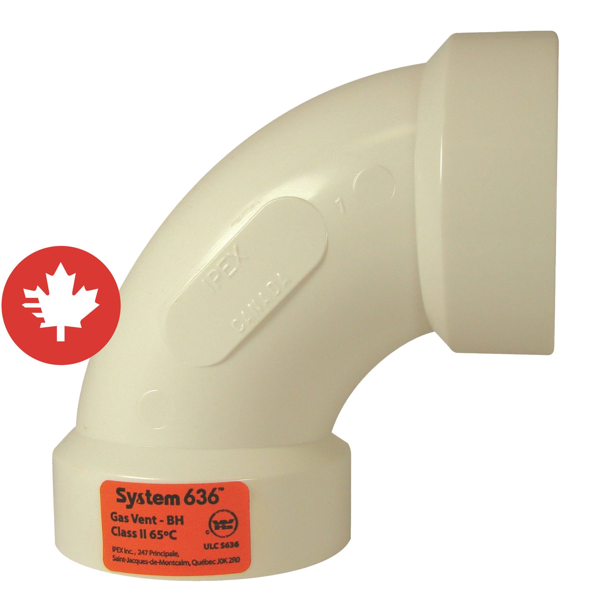 System 636 PVC FGV 90° Long-Radius Elbow - Hub - 3" - White from IPEX | BMR