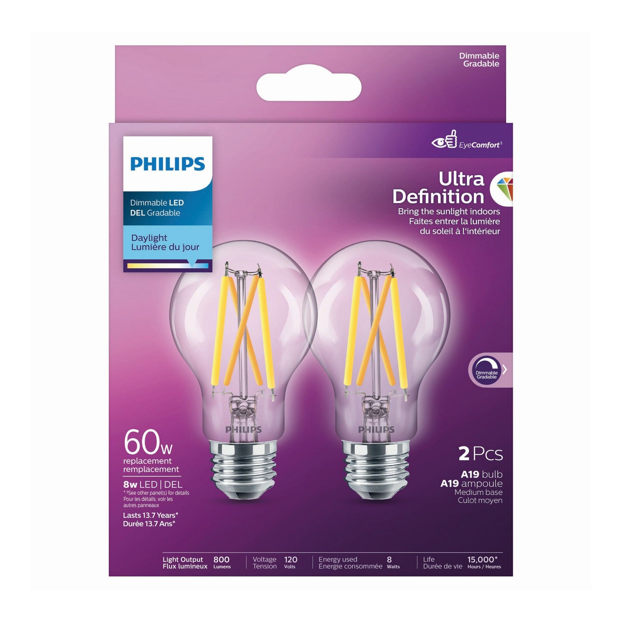 LED Light Bulb - A19 - 8 W - Daylight - 2/Pkg from PHILIPS | BMR