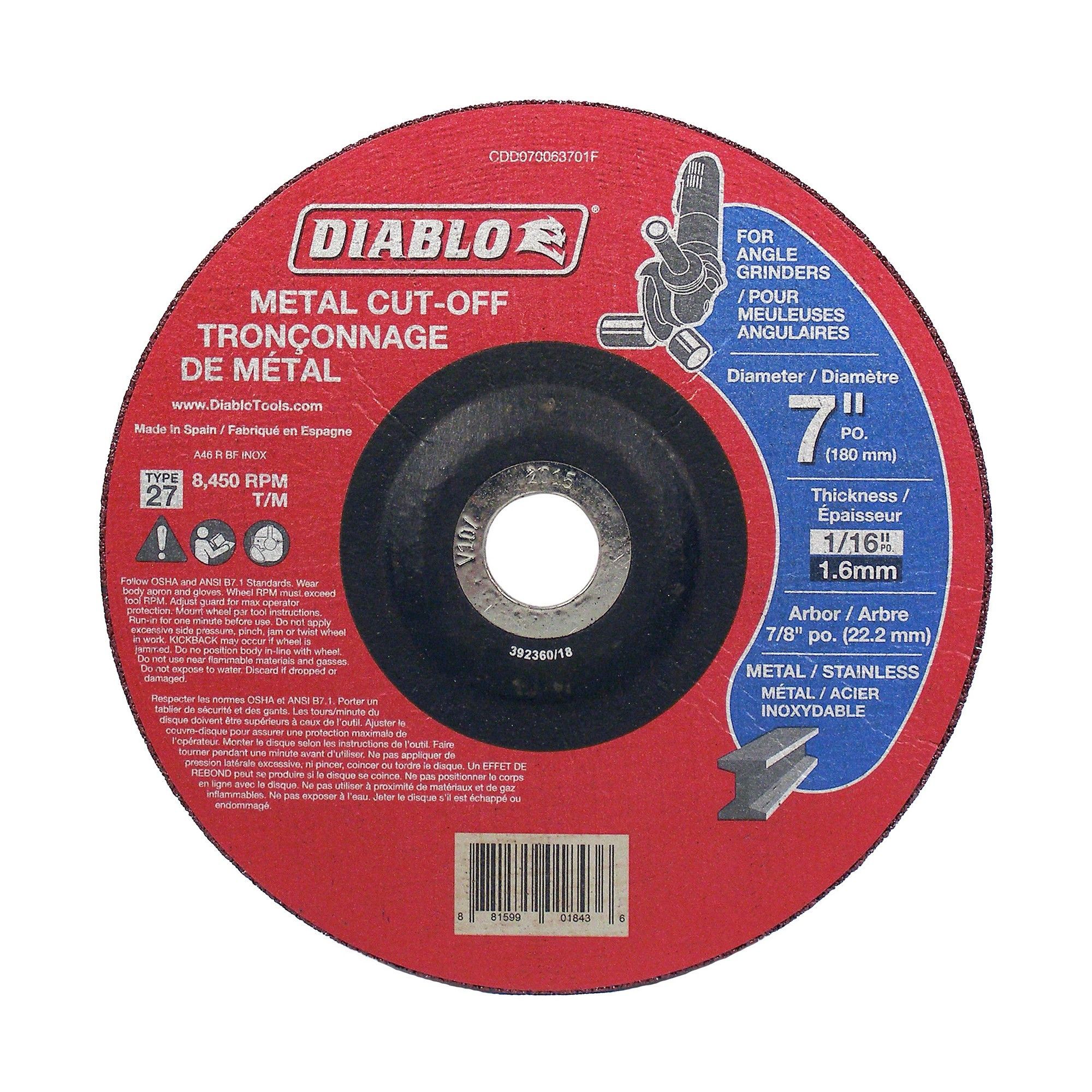 Cut-Off Grinder Wheel for Metal - 7" x 1/16" x 7/8" from FREUD DIABLO | BMR