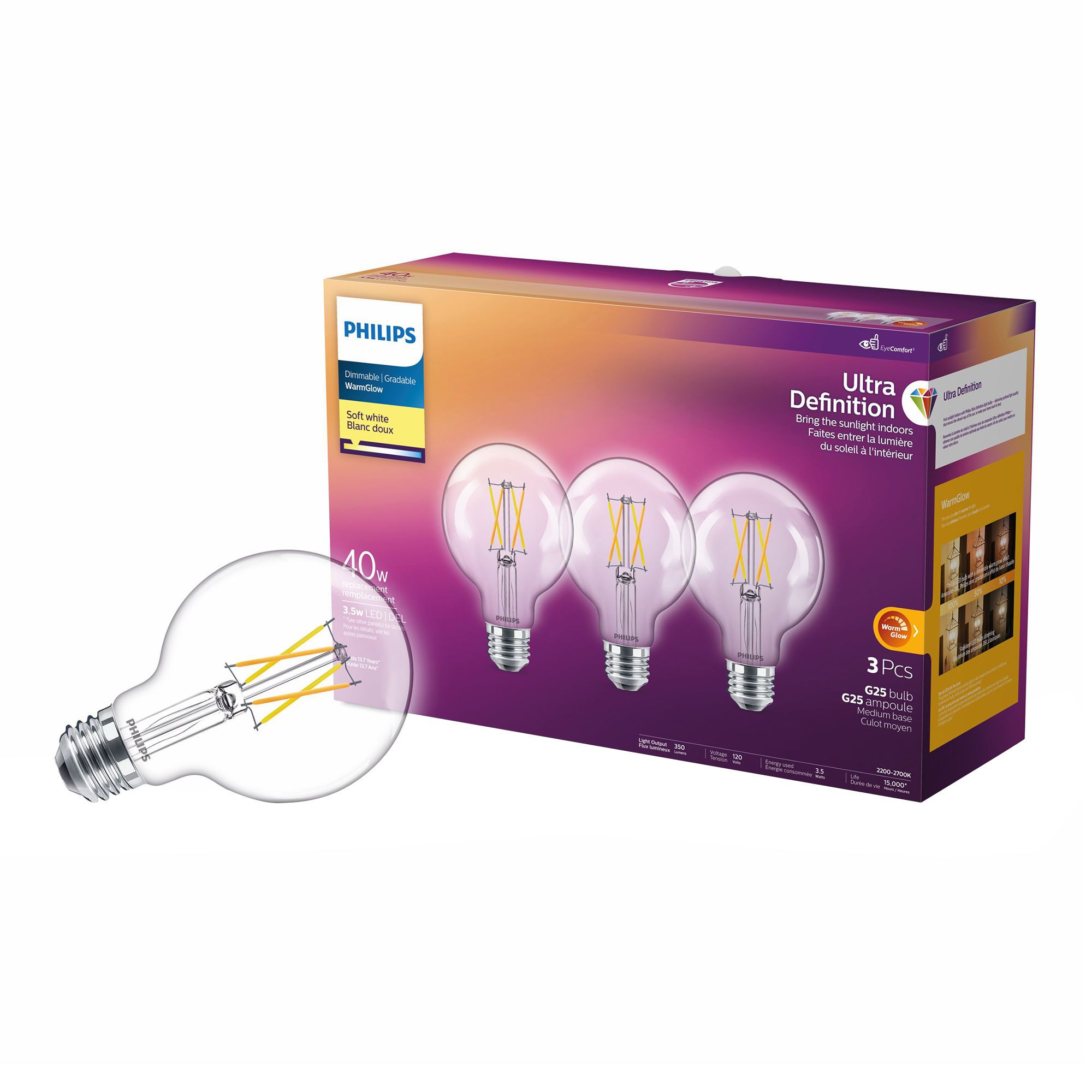 Ultra Definition LED G25 Light Bulbs, Soft White, 3.5W, 3/Pkg from PHILIPS | BMR