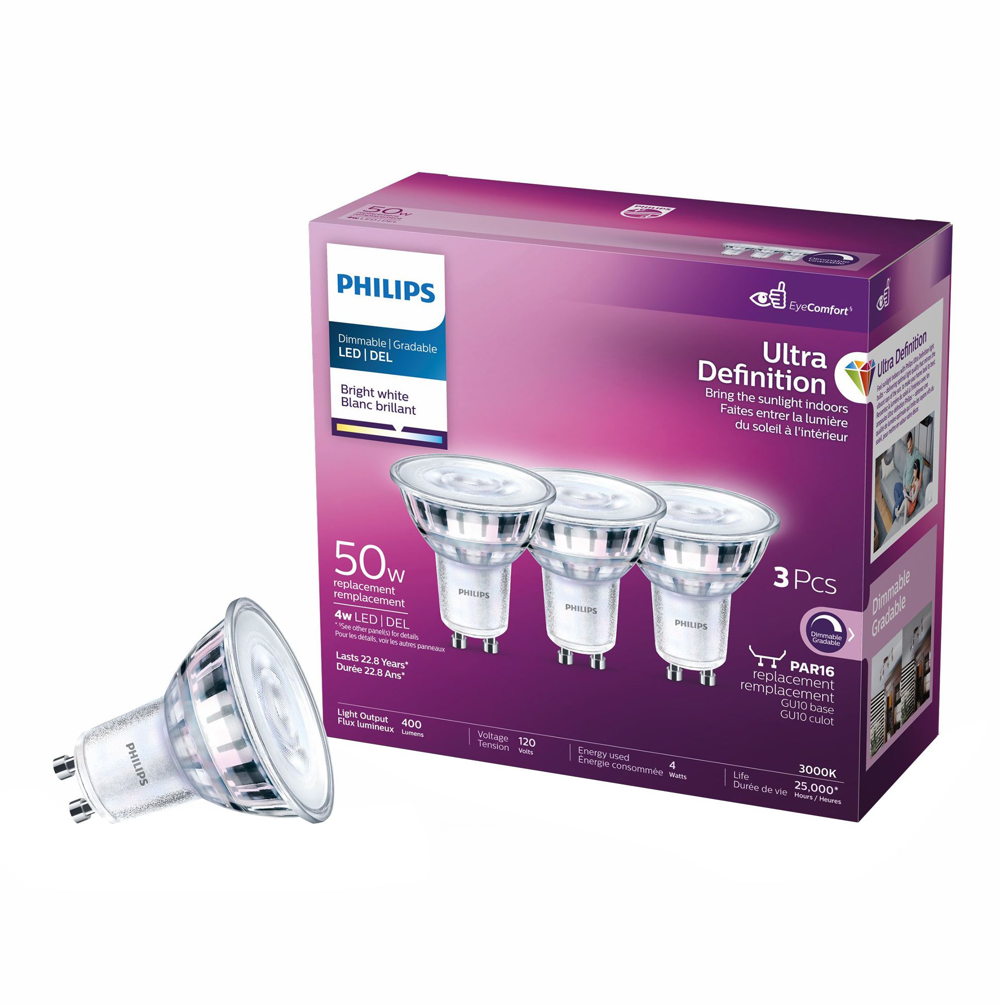 Ultra Definition LED GU10 Light Bulbs, Bright White, 4W, 3/Pkg from ...