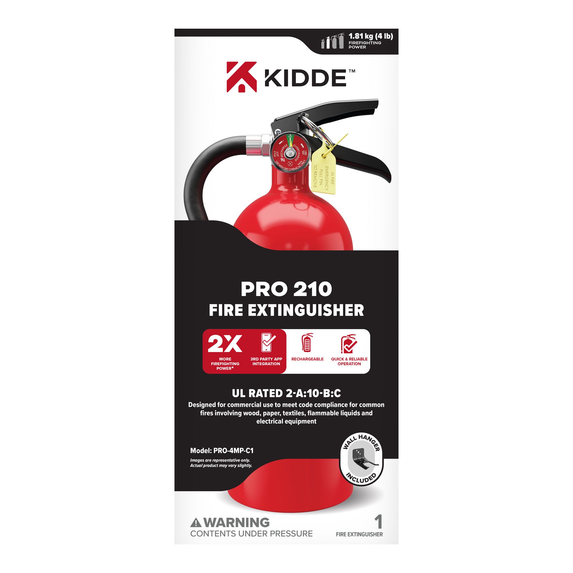 Pro 210 Fire Extinguisher, Rechargeable 2-A:10-B:C, 4-lb from KIDDE | BMR