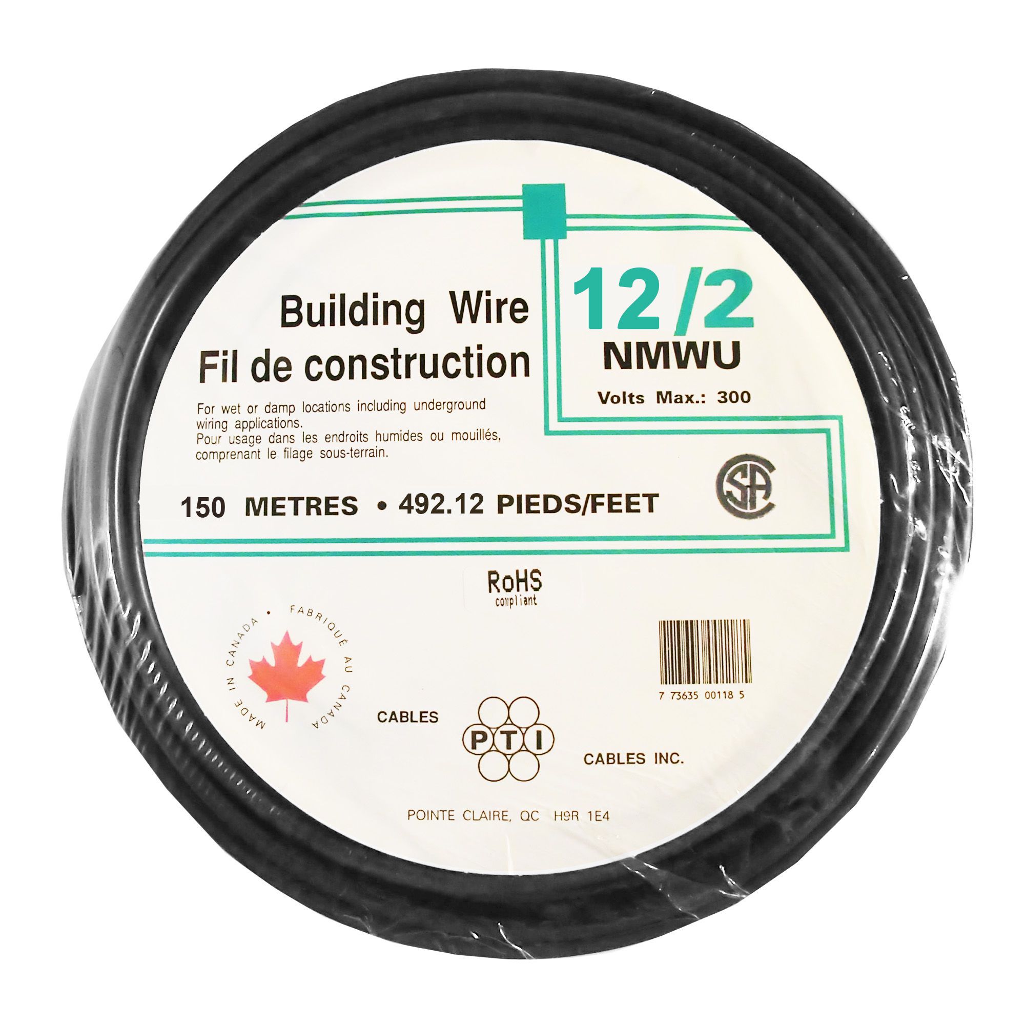 Fil de construction, 12/2 NMWU, 20 A, noir, 150 m de CABLES P.T.I. | BMR