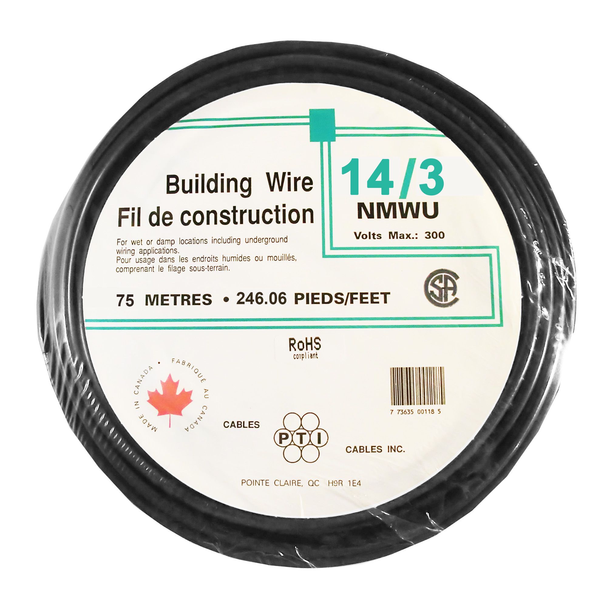 Building Wire - 14/3 NMWU - 15 A - Black - 75 m from CABLES P.T.I. | BMR