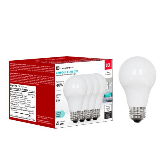 LED Light Bulb, A19, Daylight, 6W, Non-Dimmable, 4/Pkg from XTRICITY | BMR